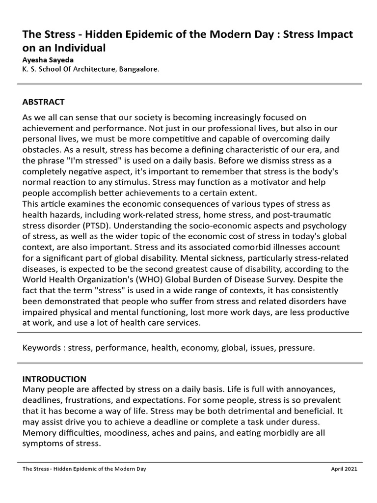 The Stress - Hidden Epidemic of The Modern Day: Stress Impact On An ...