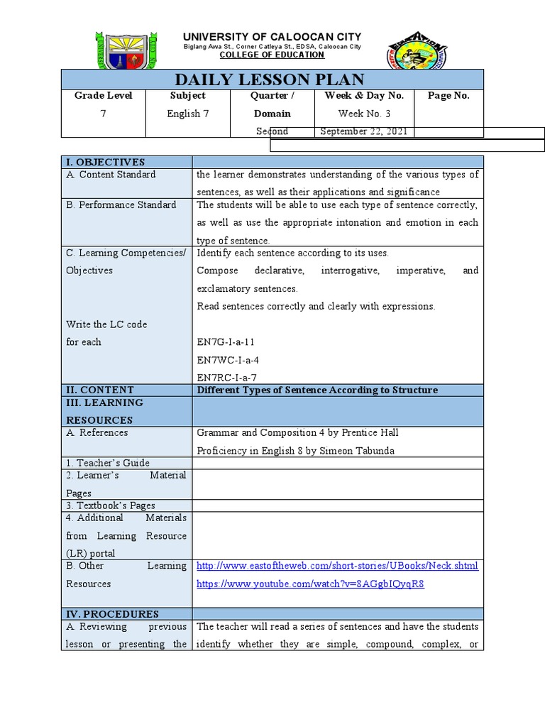 Daily Lesson Plan: University of Caloocan City | PDF | Sentence ...