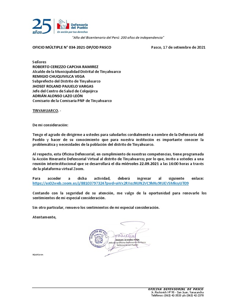 Oficio Múltiple 034-2021 Reunión AID Virtual a Tinyahuarco | PDF