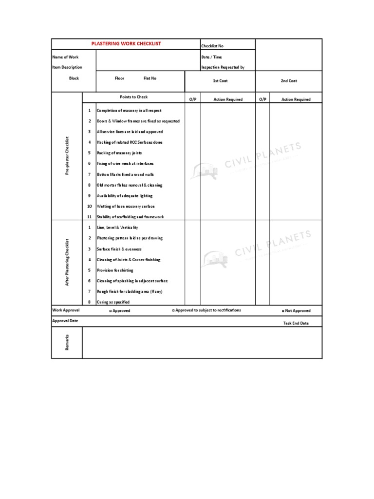 Plastering Work Quality Checklist | PDF | Masonry | Plaster