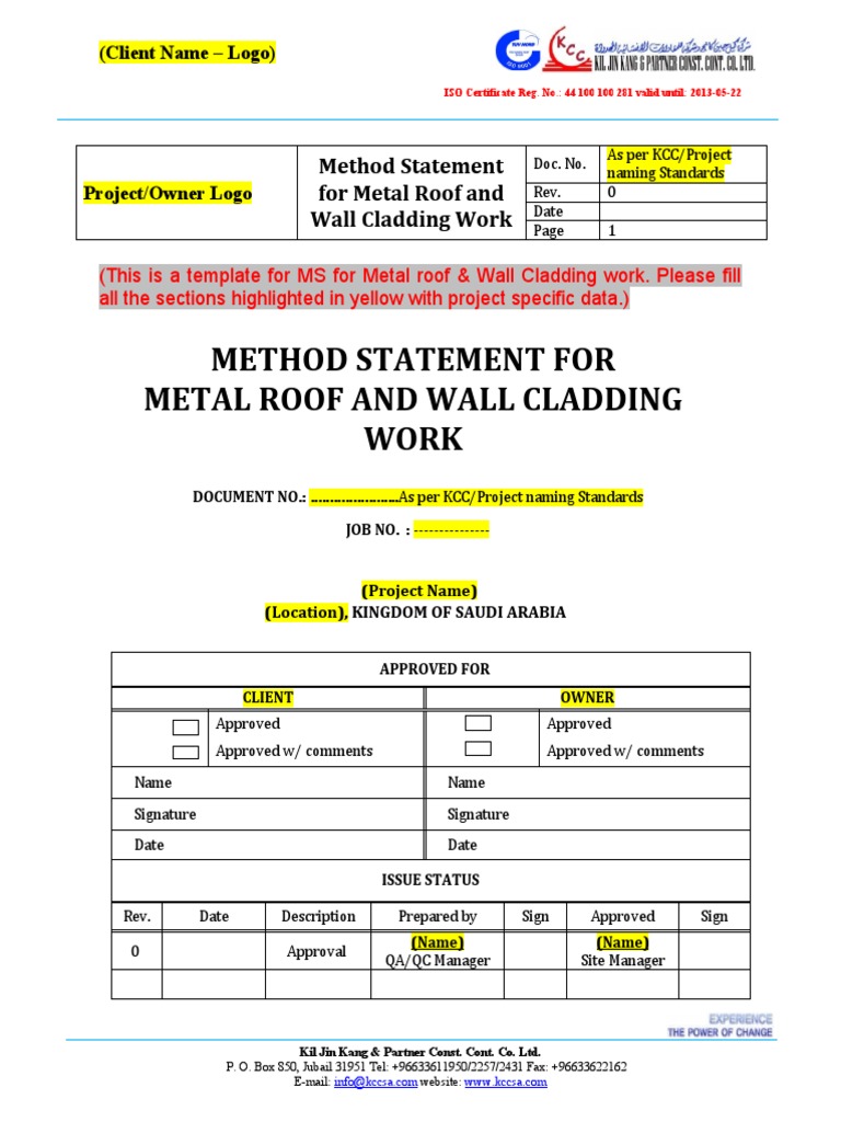 Method Statement For Metal Roof and Wall Cladding Work | PDF | Roof | Specification (Technical ...