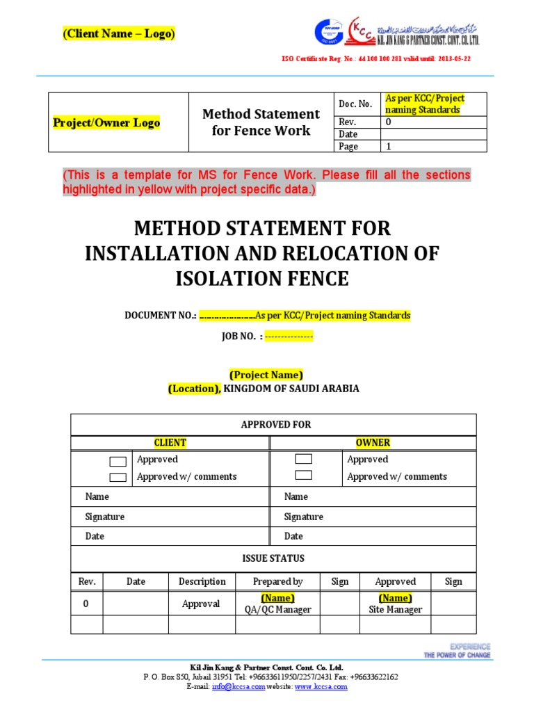 Isolation Fence Installation Method Statement | PDF