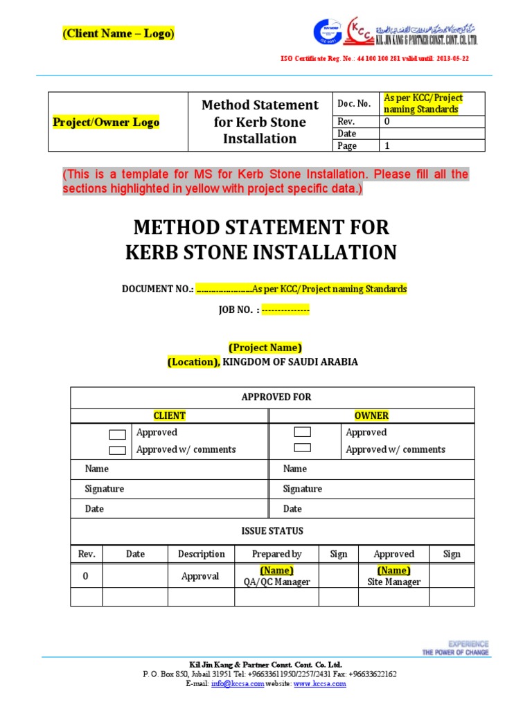 Method Statement For Kerb Stone Installation | PDF | Concrete | Cement