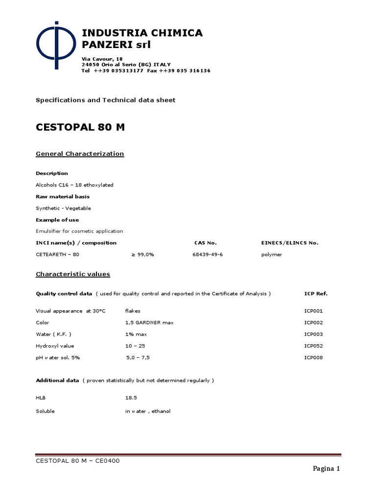 Industria Chimica Panzeri SRL: Specifications and Technical Data Sheet ...