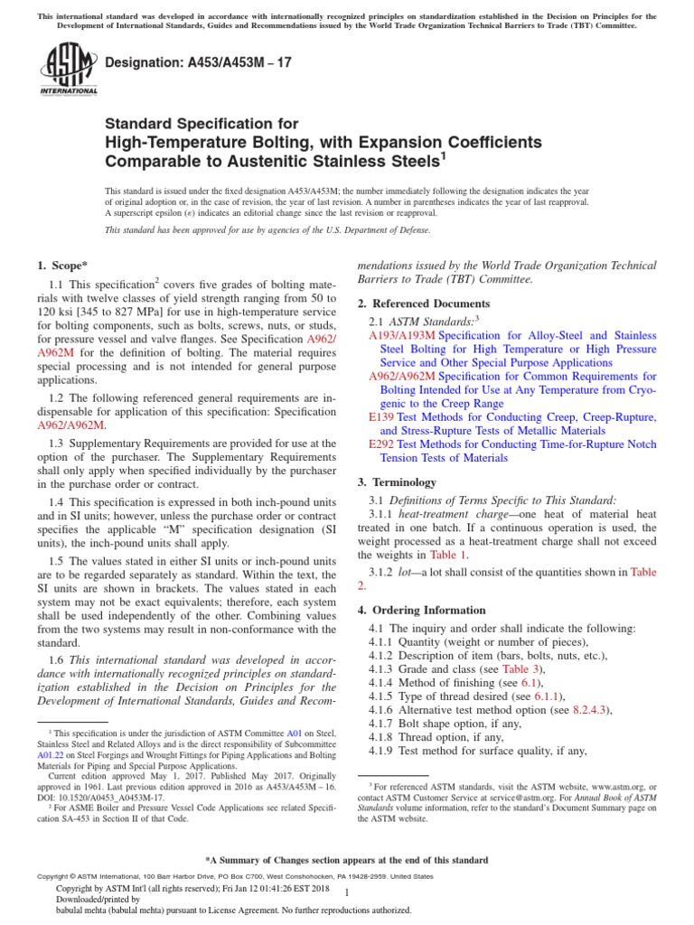ASTM A453 Grade 660 - Class A/B/C/D PDF Edition 2017 | PDF | Screw ...