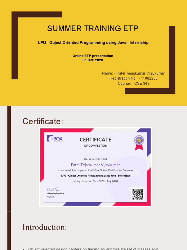 Summer Training Etp: LPU - Object Oriented Programming Using Java - Internship | Download Free ...
