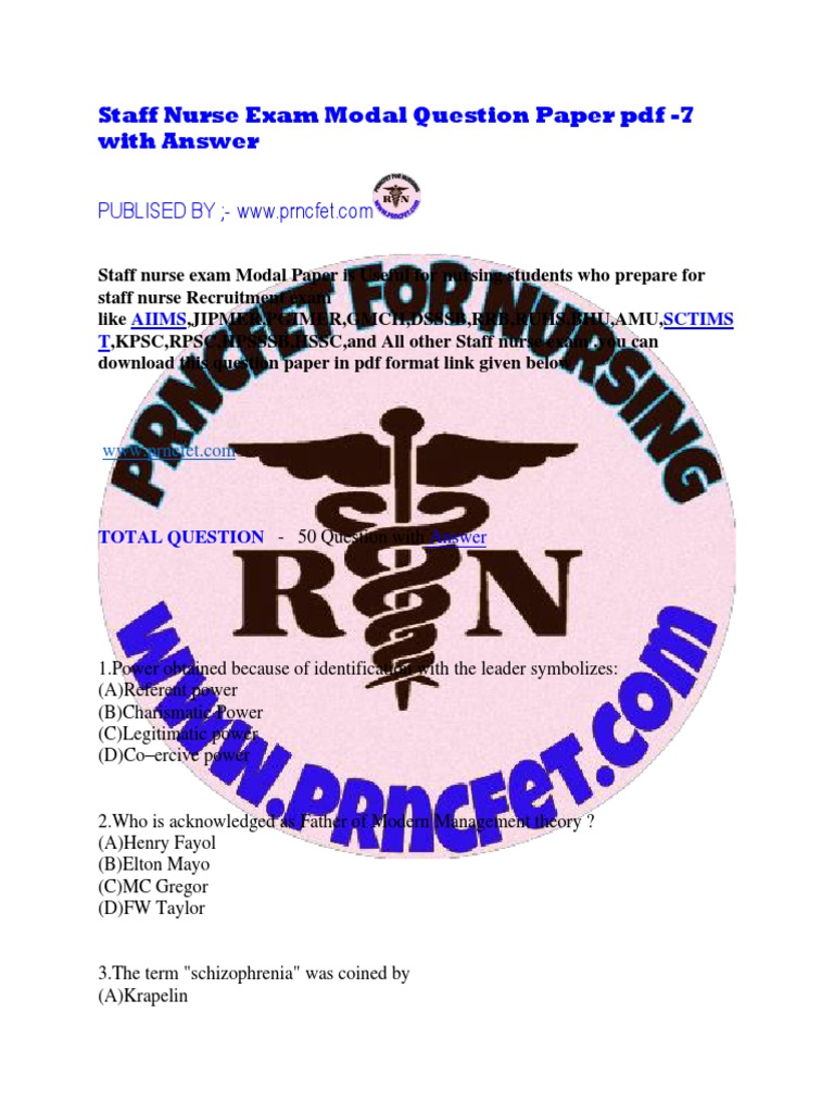 Staff Nurse Exam Modal Question Paper PDF - 7 With Answer: Aiims Sctims ...