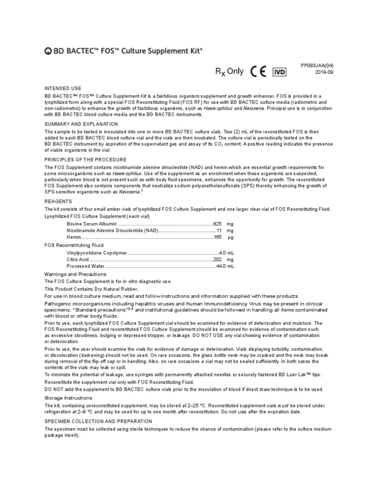 BD BACTEC FOS Culture Supplement Kit | PDF | Sterilization ...