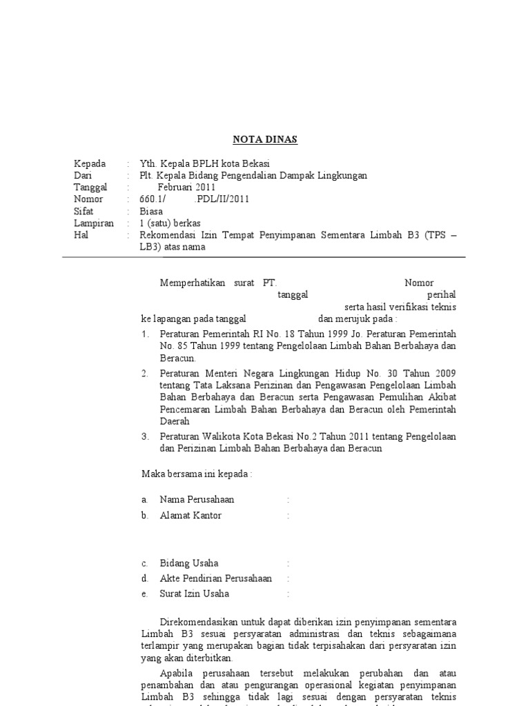 Nota Dinas Perizinan B3 | PDF