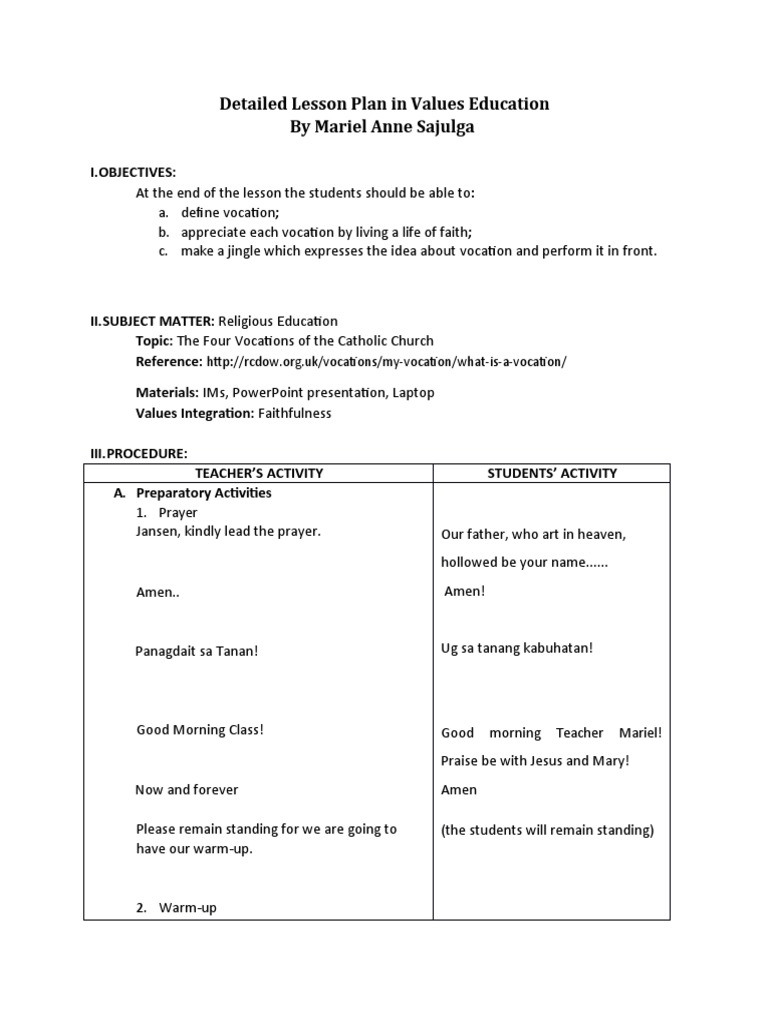 Detailed Lesson Plan in Values Educationdocx | PDF | Priest | Catholic ...