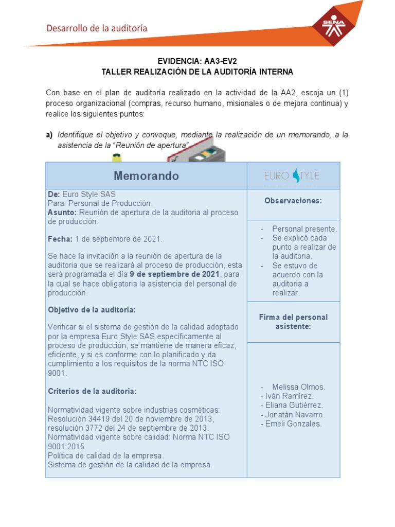 Formato Evidencia AA3 Ev2 Taller | PDF | Auditoría | Sistema de manejo de calidad