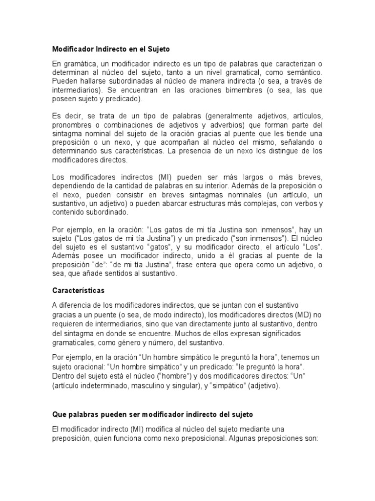 Modificador Indirecto en El Sujeto | PDF | Asunto (gramática) | Oración ...