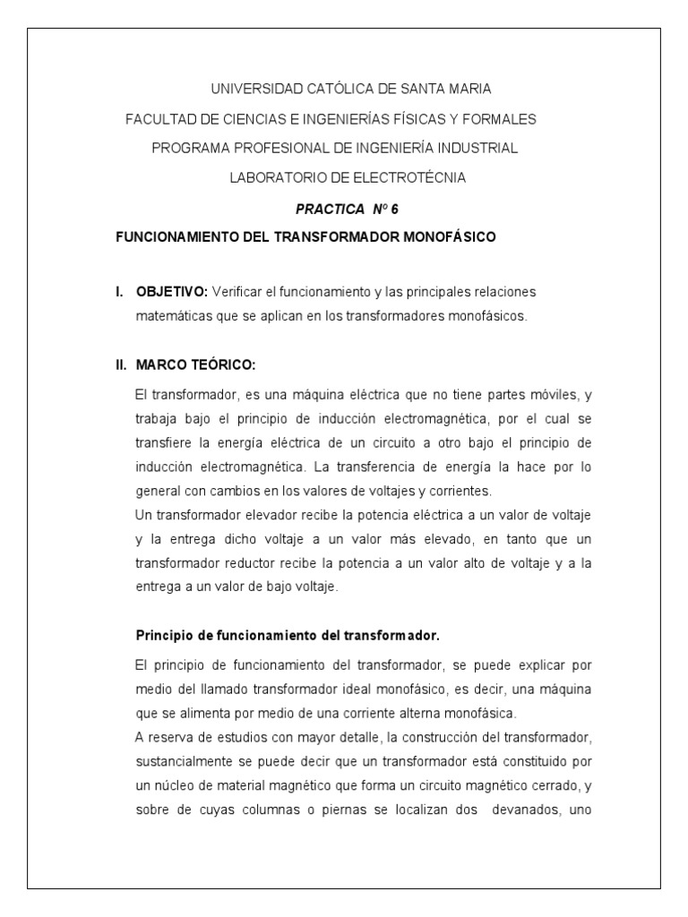 LAB 6 Rel Transf | PDF | Transformador | Cantidades fisicas