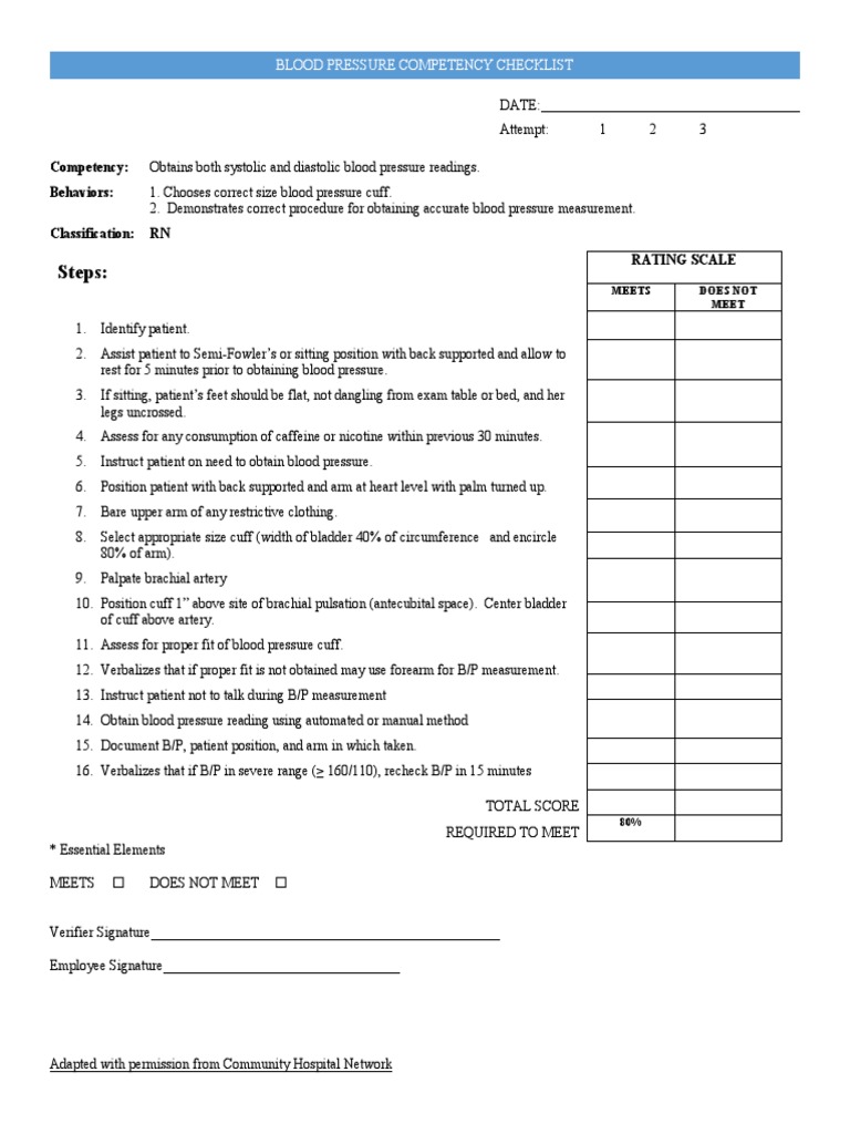 Manual Blood Pressure Competency Checklist | PDF | Blood Pressure ...