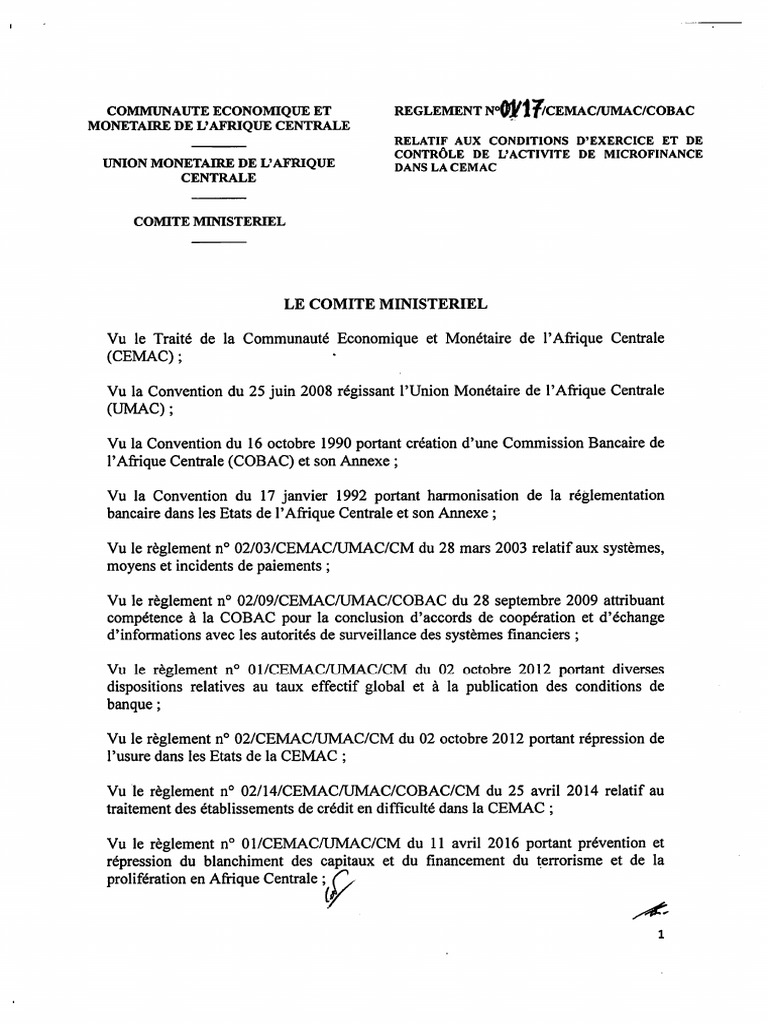 Reglement N°01-17-CEMAC Microfinance | PDF