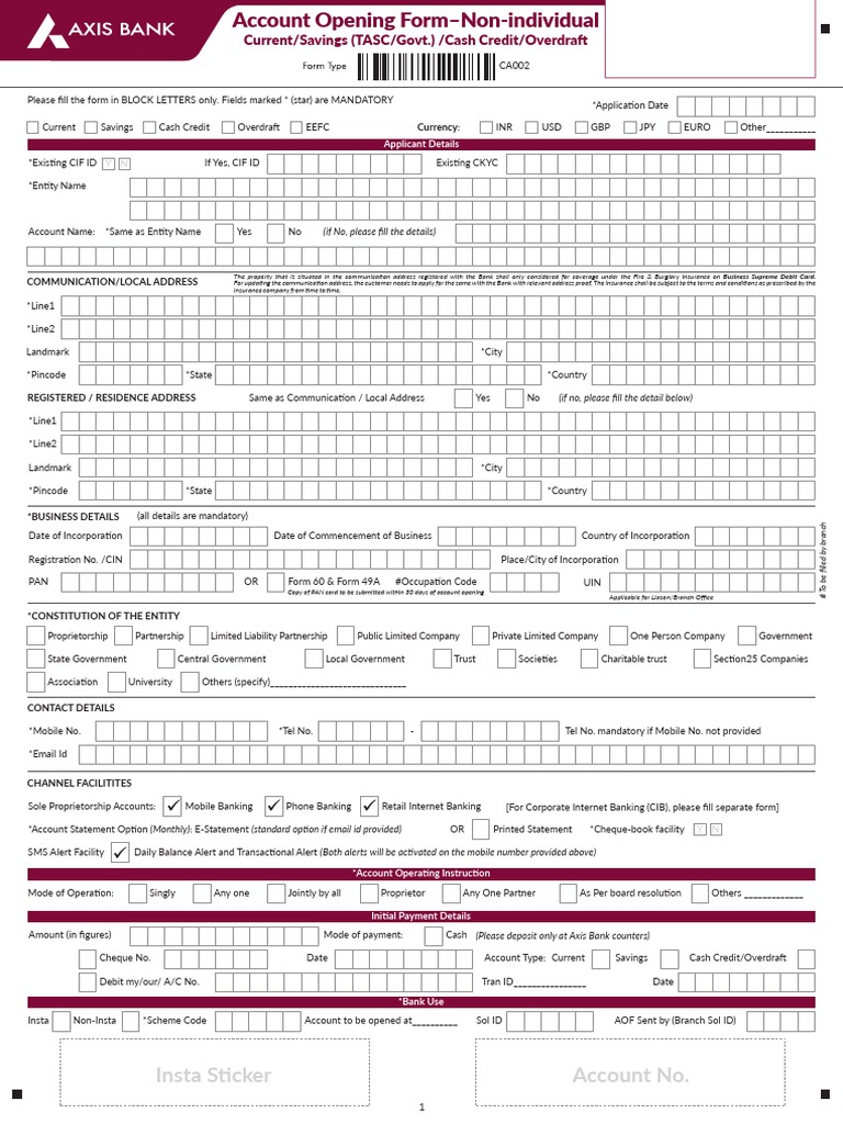Current and Savings Account Opening Form For Non Individuals No Company ...
