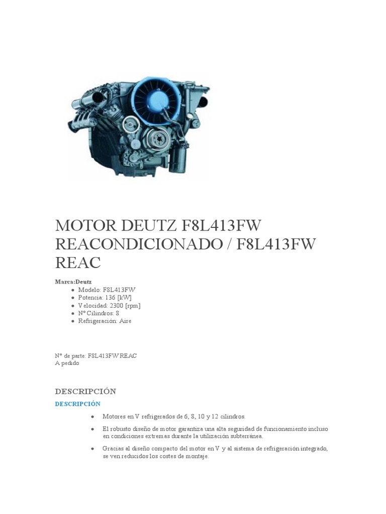 Motor Deutz F8L413FW Reacondicionado 136 kW | PDF