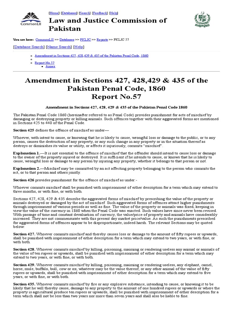 Amendment in Sections 427, 428,429 & 435 of The Pakistan Penal Code ...