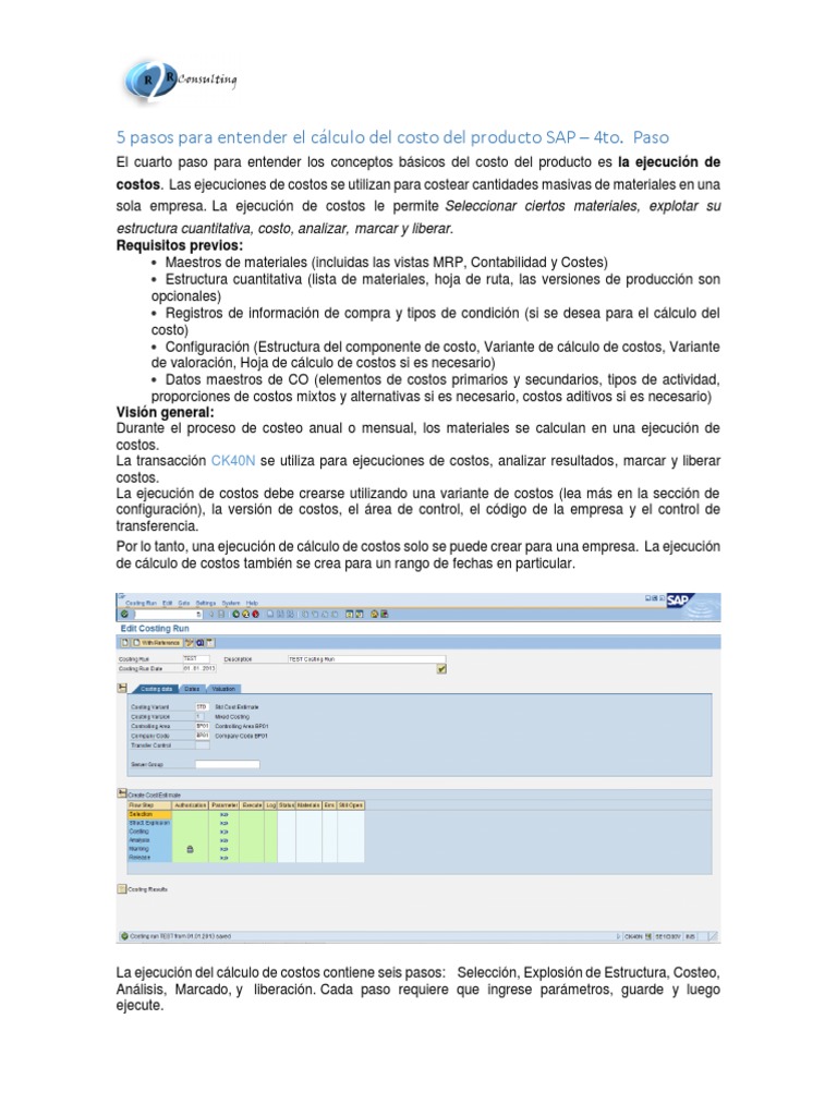 SAP 5 Pasos para Entender El Calculo Del Costo Del Producto - Paso 4 ...