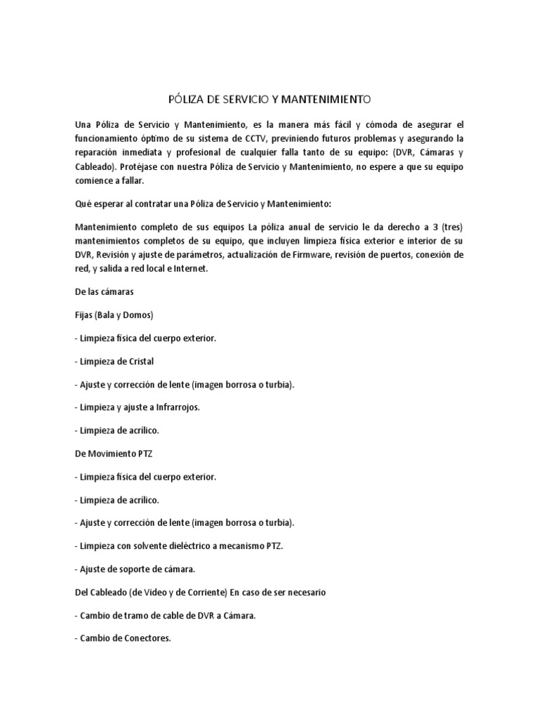 Formato Póliza de Servicio y Mantenimiento | PDF | Póliza de seguros | Circuito cerrado de ...