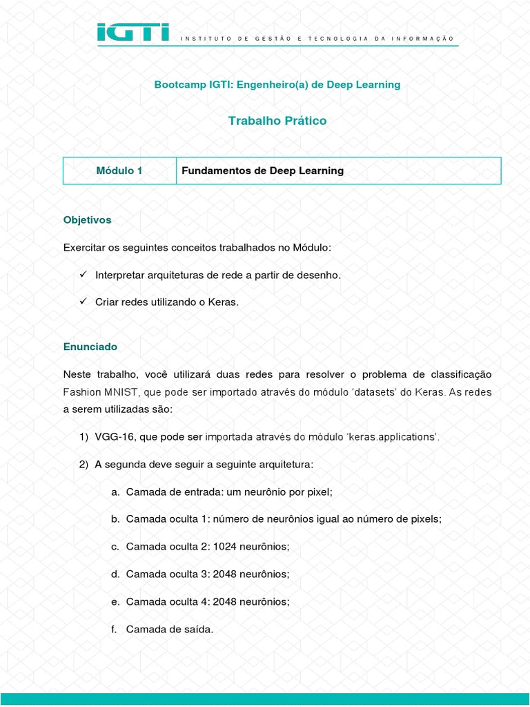 Enunciado Do Trabalho Prático - Módulo 1 - Bootcamp Engenheiro de Deep Learning-1 | PDF