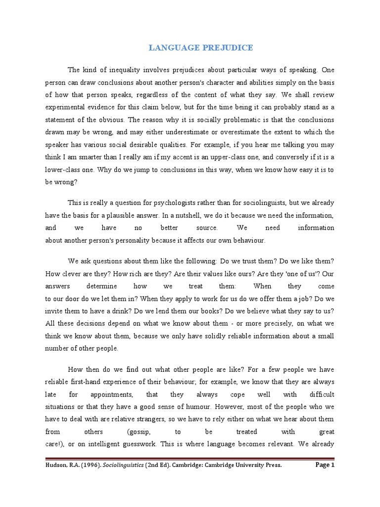 Language Prejudice: Hudson, R.A. (1996) - Sociolinguistics (2nd Ed ...