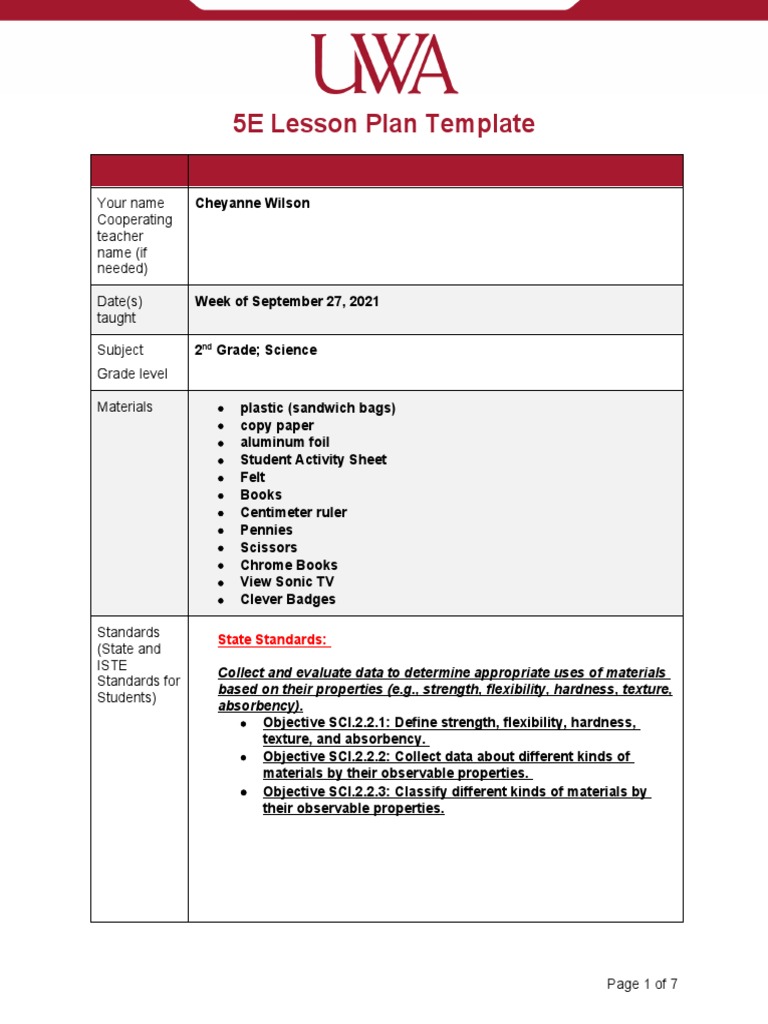 5E Lesson Plan Template: Cheyanne Wilson | Download Free PDF | Learning ...