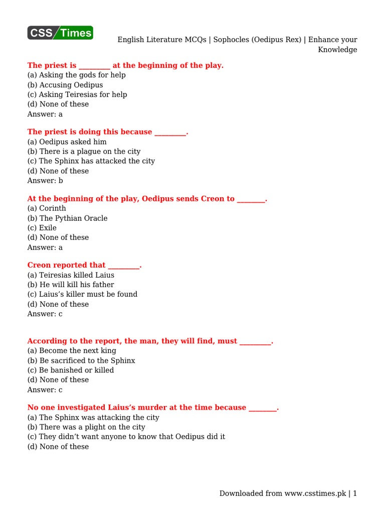English Literature MCQs - Sophocles (Oedipus Rex) - Enhance Your ...