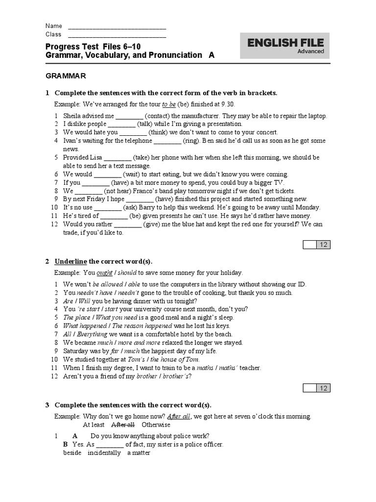 Progress Test Files 6-10 Grammar, Vocabulary, and Pronunciation A | PDF ...