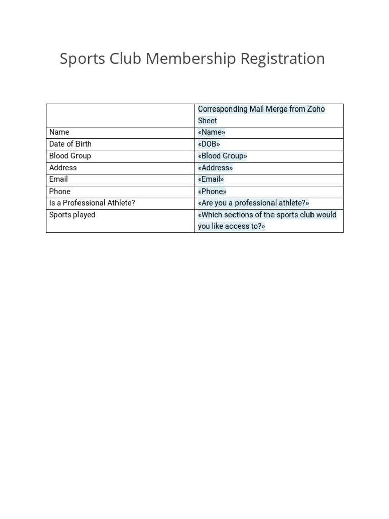 Sports Club Membership Registration Form Mail Merge | PDF
