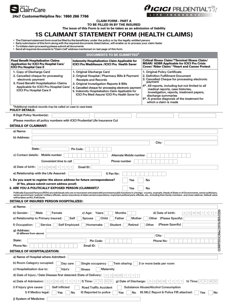 1S Claimant Statement Form (Health Claims) | PDF | Cheque | Hospital