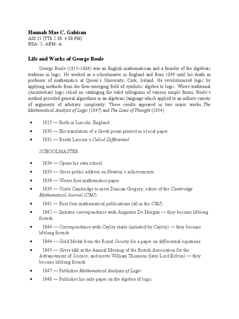 Gahisan - Life and Works of George Boole | PDF | Mathematics | Science