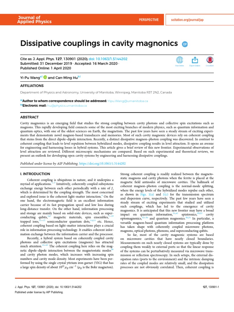 Dissipative Couplings in Cavity Magnonics: Journal of Applied Physics ...