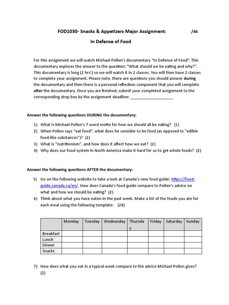 In Defense of Food Assignment-Online (Updated May 2021) | PDF | Foods ...