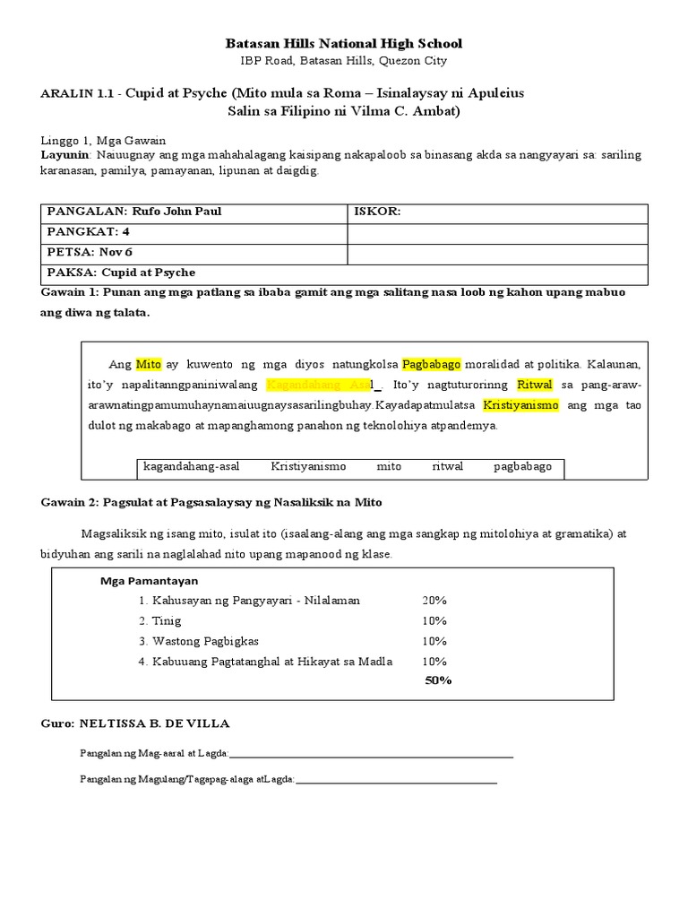 Aralin 1.1 Mito Cupid at Psyche Worksheet Blg. 3859 | PDF