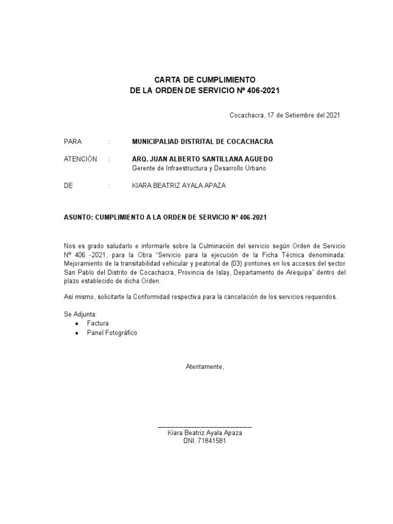 Carta de Cumplimiento de Servicio 406-2021 | PDF