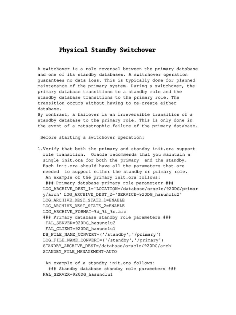 Physical Standby Switchover Physical Standby Switchover | PDF ...