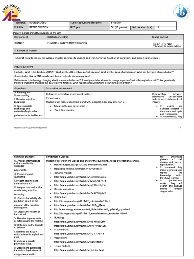 Myp Unit Plan Biology | PDF | Mitosis | Educational Assessment
