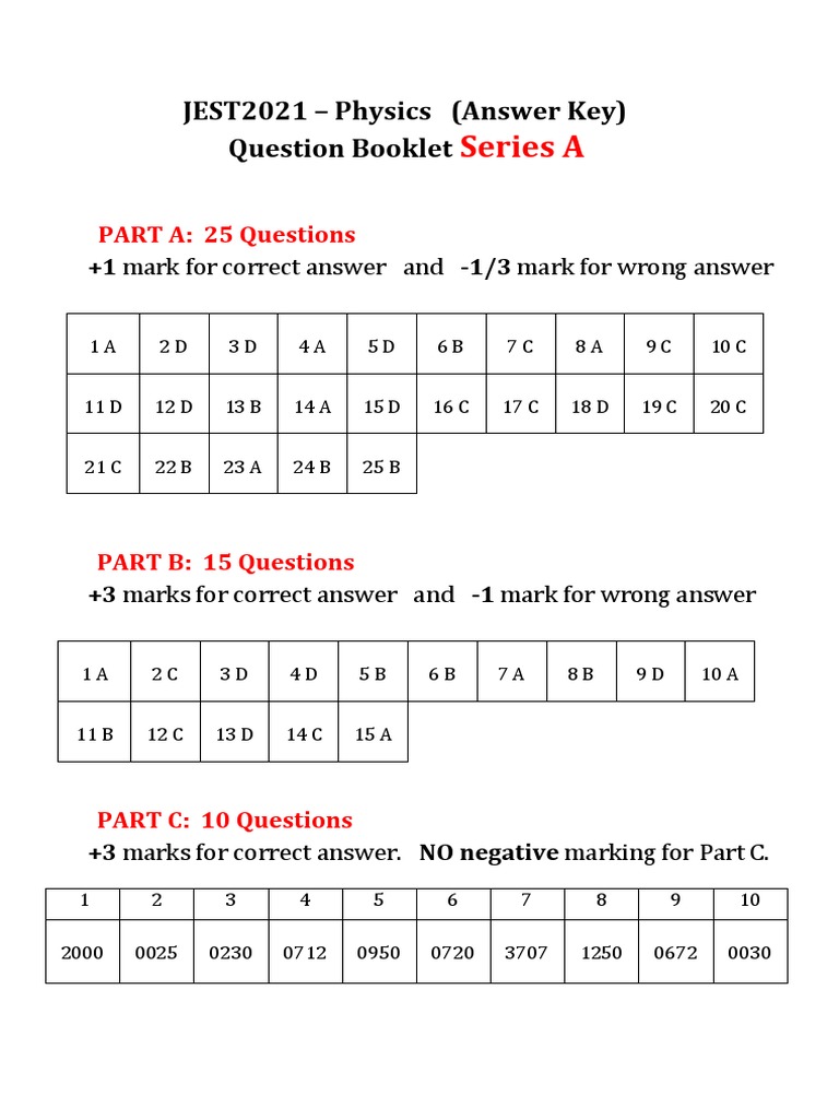 Series A: JEST2021 - Physics (Answer Key) Question Booklet | PDF
