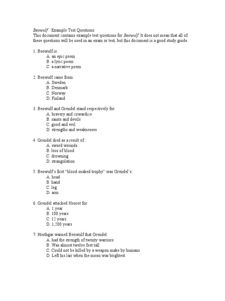 Beowulf Practice Test | Download Free PDF | Beowulf | English Heroic ...