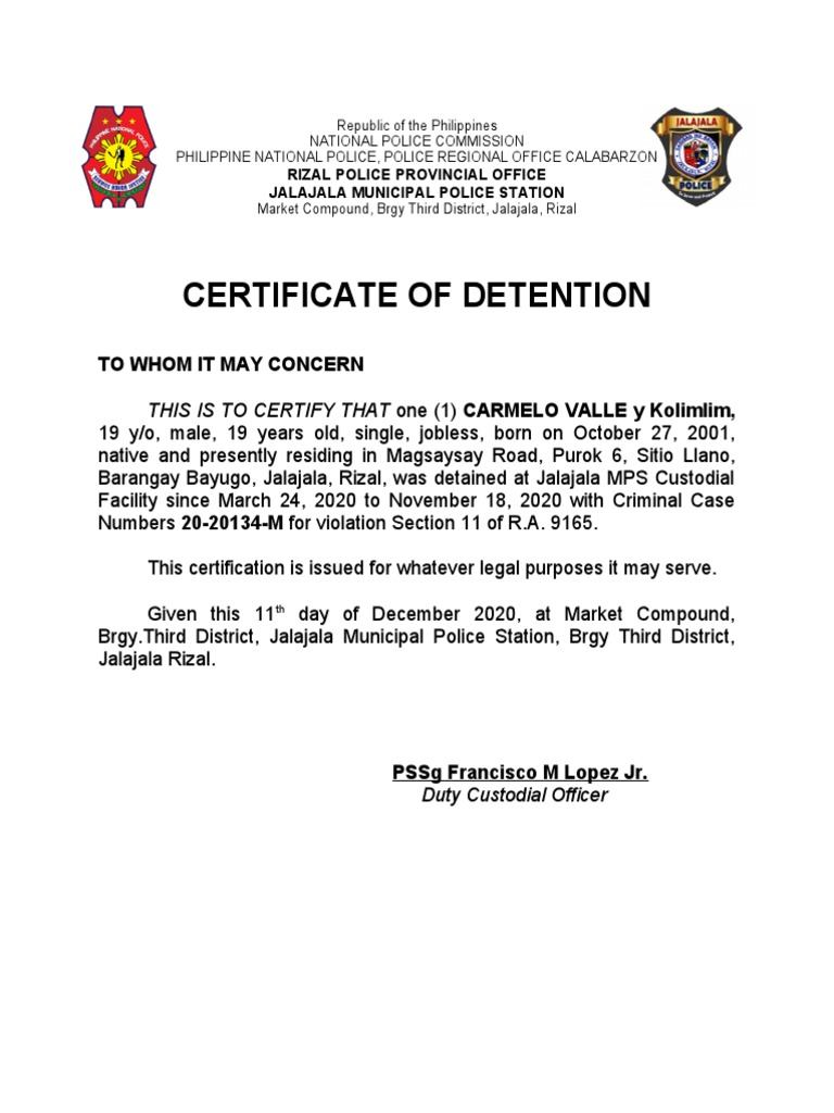 Certificate of Detention - Jalajala, Rizal | PDF | Detention ...