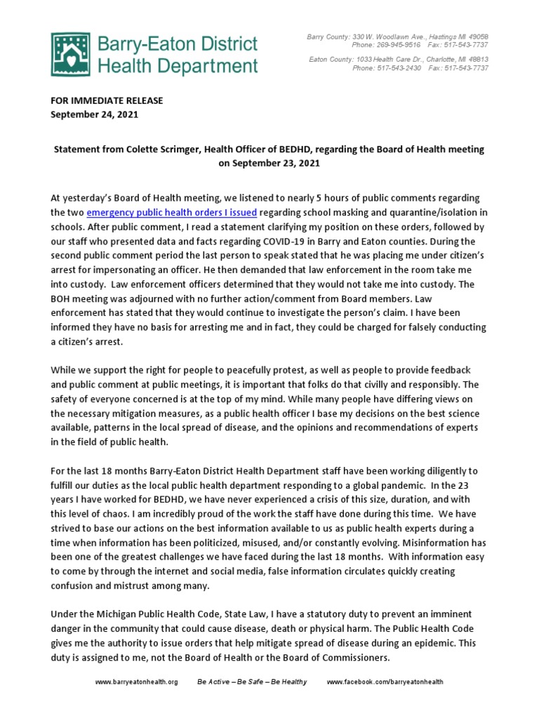 Health Officer's Statement on COVID Orders | PDF | Public Health | Pandemic