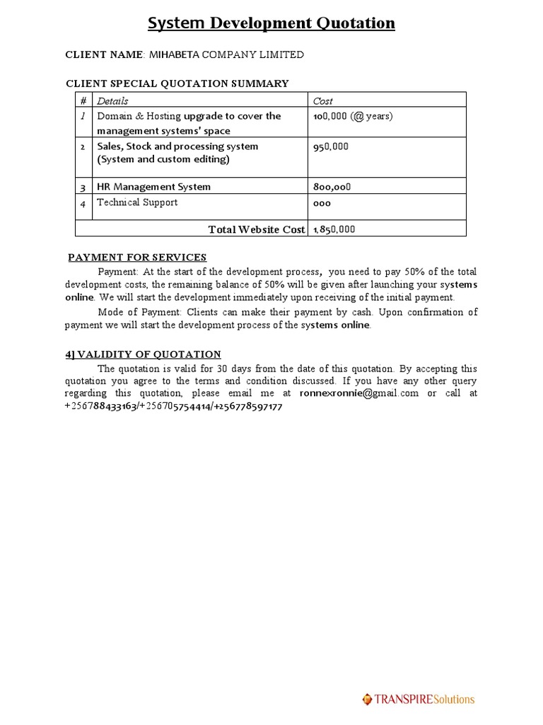 System Development Quotation: # Details Cost 1 Domain & Hosting Upgrade ...