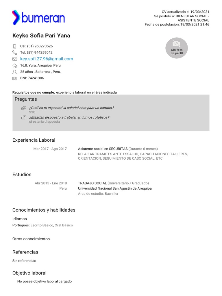 Bienestar Social Asistente Social CV Keyko Sofia Pari Yana | PDF