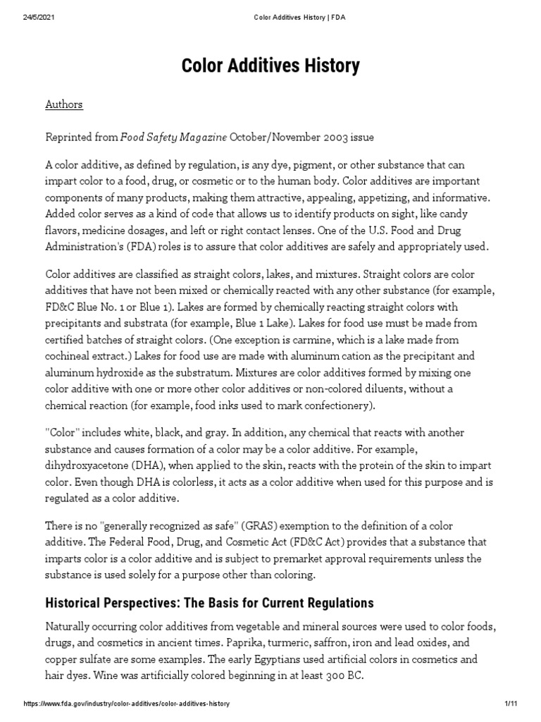 Color Additives History - FDA | PDF | Food And Drug Administration ...