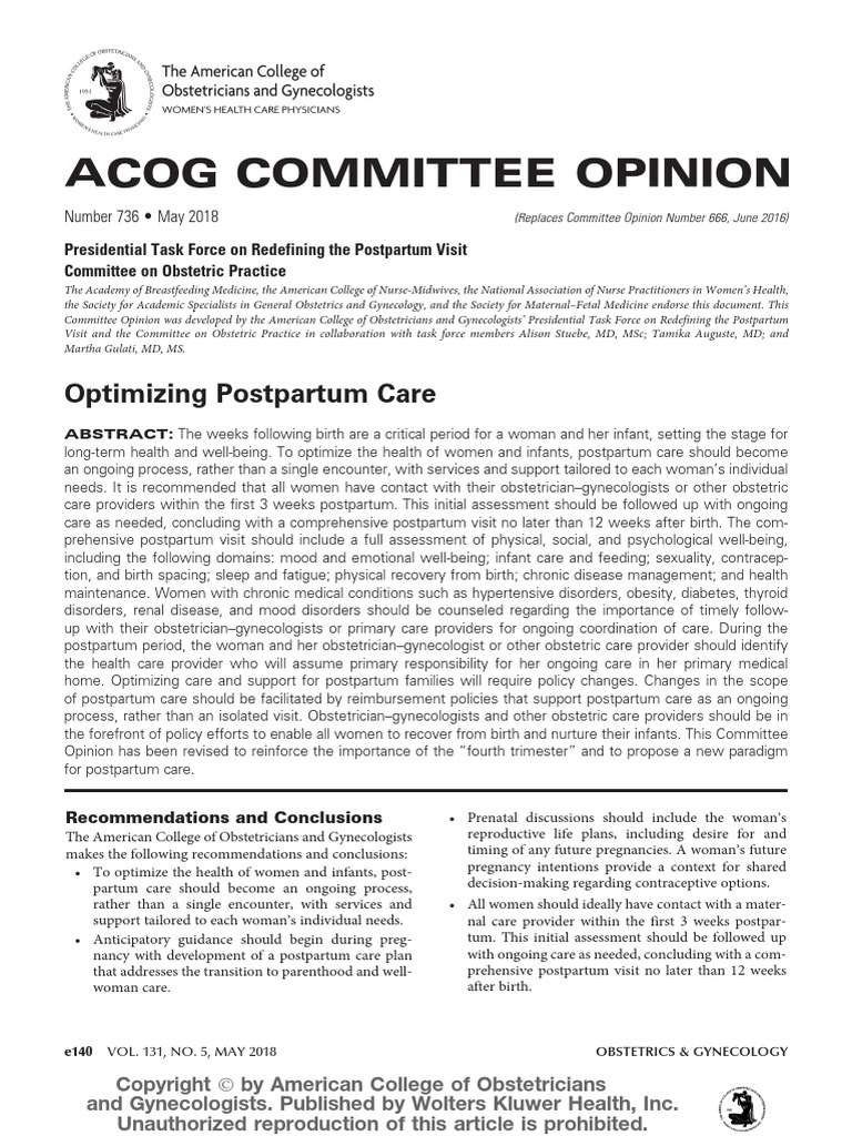 Acog Committee Opinion No 736 2018 | PDF | Postpartum Period | Pregnancy