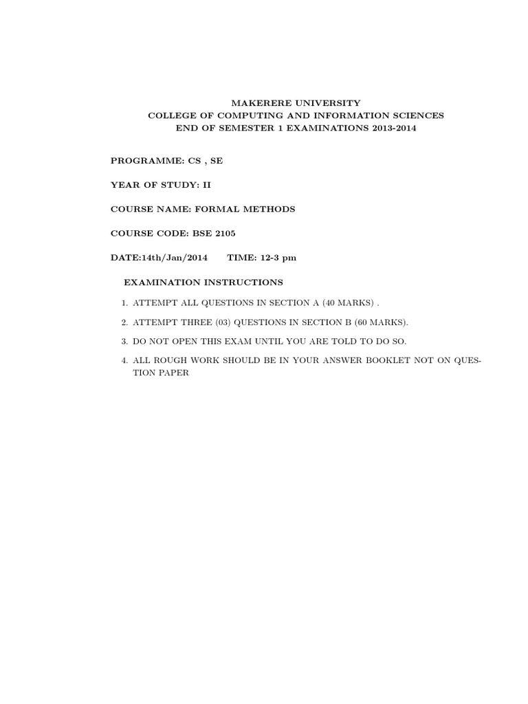 FORMAL METHODS FINAL EXAM - New | PDF | Logic | Mathematical Logic