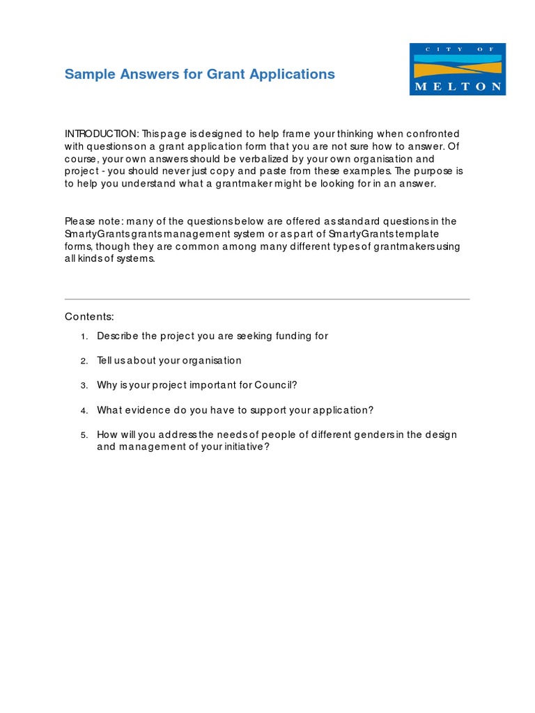 Sample Answers For Grant Applications: INTRODUCTION: This Page Is ...