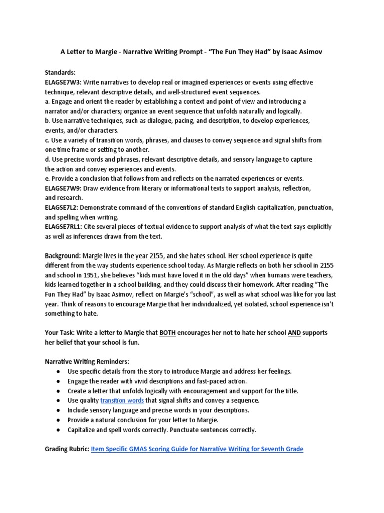 A+Letter+to+Margie+ +Narrative+Writing+Prompt+ | PDF | Narrative ...