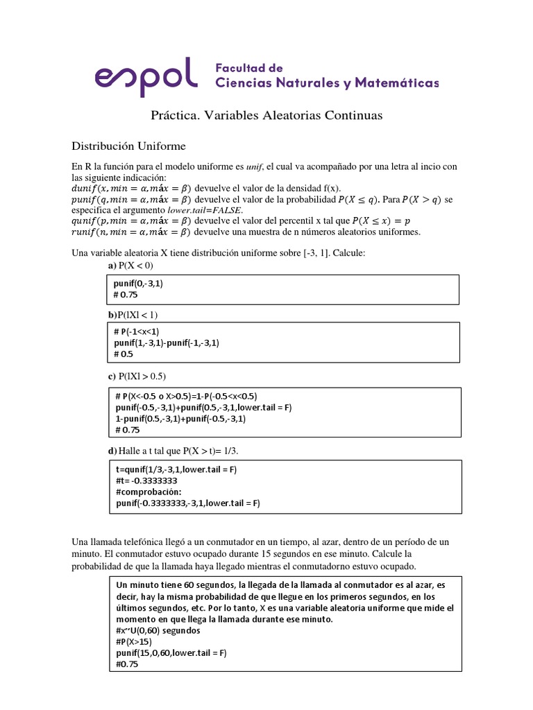 Práctica Variables Aleatorias Continuas | Descargar gratis PDF | Variable aleatoria ...